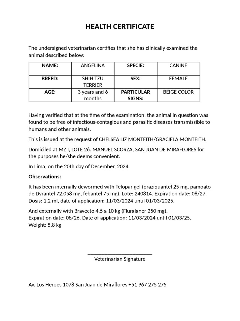 Health Certificate | PDF