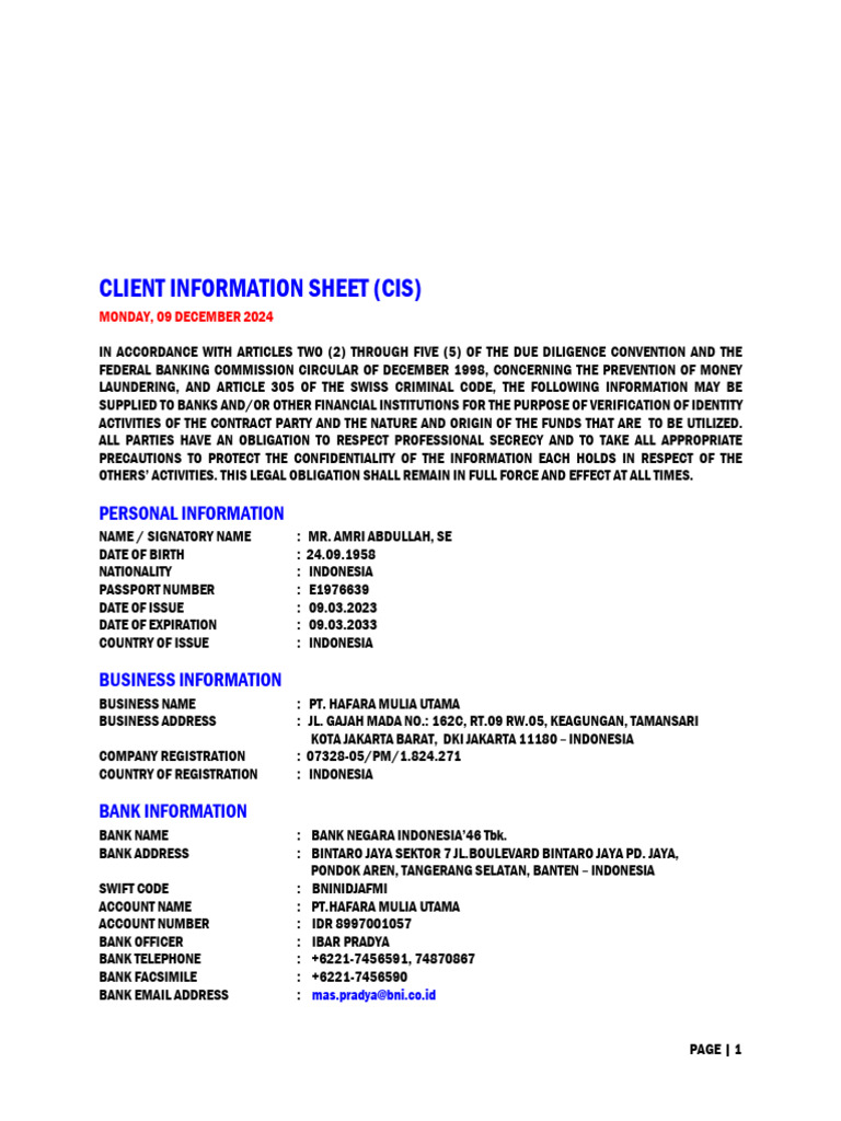 Client Information Sheet (Cis) | PDF