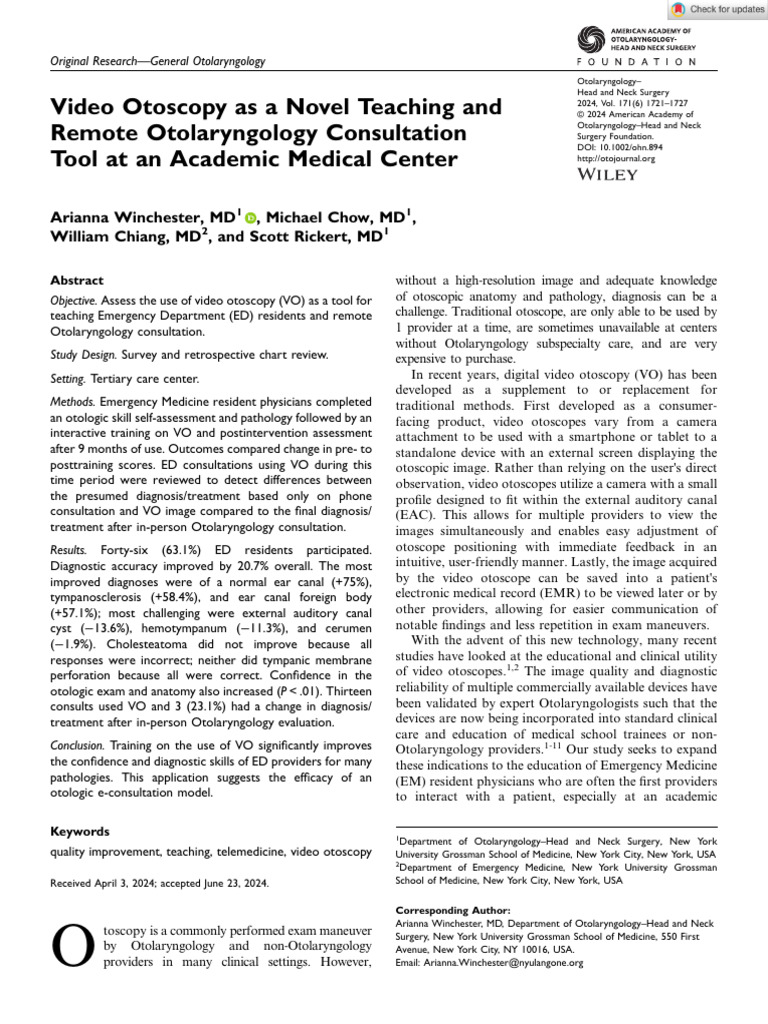 Otolaryngol - Head Neck Surg - 2024 - Winchester - Video Otoscopy As A ...
