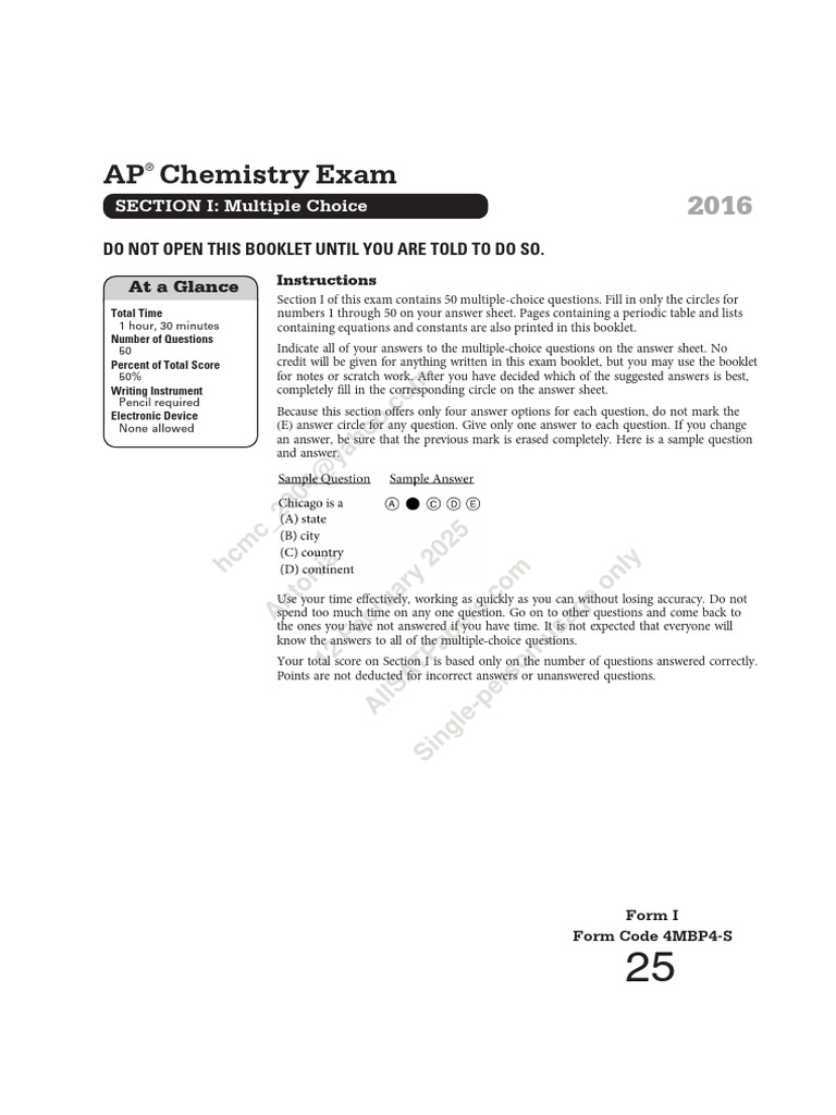 AP Chemistry Exam: SECTION I: Multiple Choice | PDF | Gases | Multiple ...