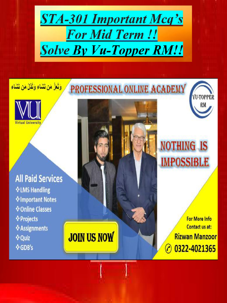 STA301 Mcqs MidTerm by Vu Topper RM (4) | PDF | Variance | Mode (Statistics)