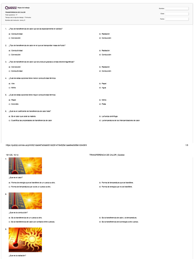 Hojas de Trabajo sobre Transferencia de Calor | PDF | Transferencia de ...
