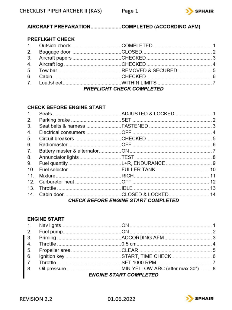 Piper Archer LL KAS Checklist 2.2 SPHAIR | PDF | Carburetor | Throttle