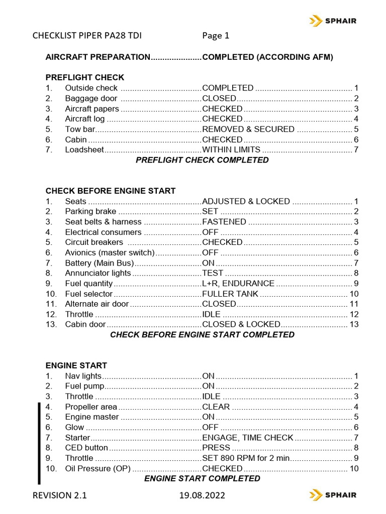 Piper PA28 TDI Preflight Checklist | PDF | Vehicles | Aircraft