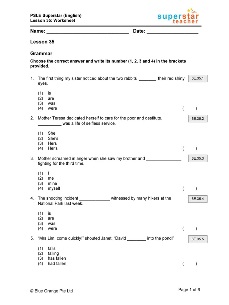 PSLE Superstar - English - Lesson 35 Worksheet | PDF