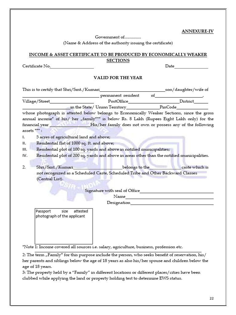 EWS Income & Asset Certificate Template | PDF
