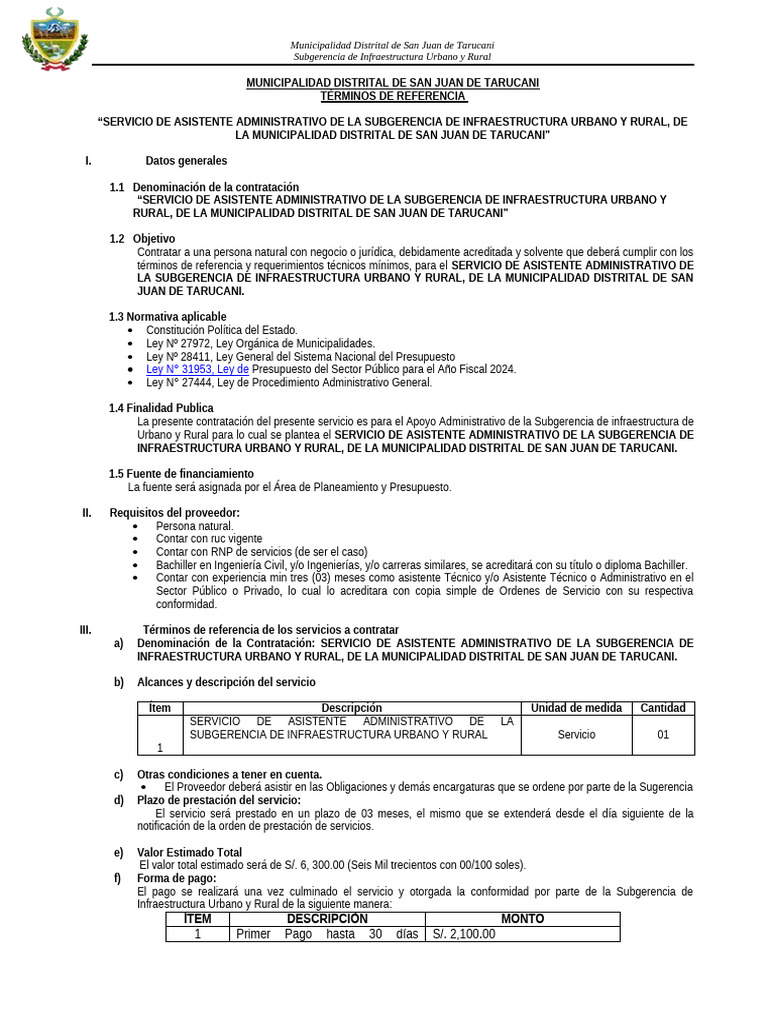 TDR Asistente Administrativo | PDF | Gobierno local | Corrupción política
