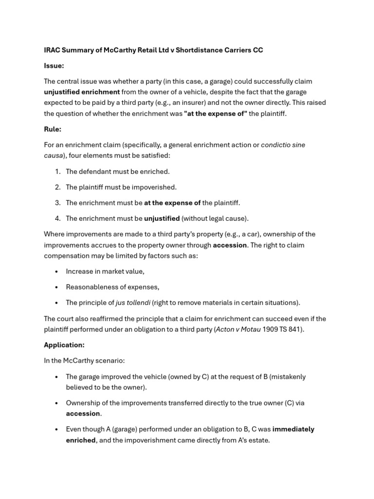 IRAC Summary of McCarthy Case | PDF | Private Law | Justice