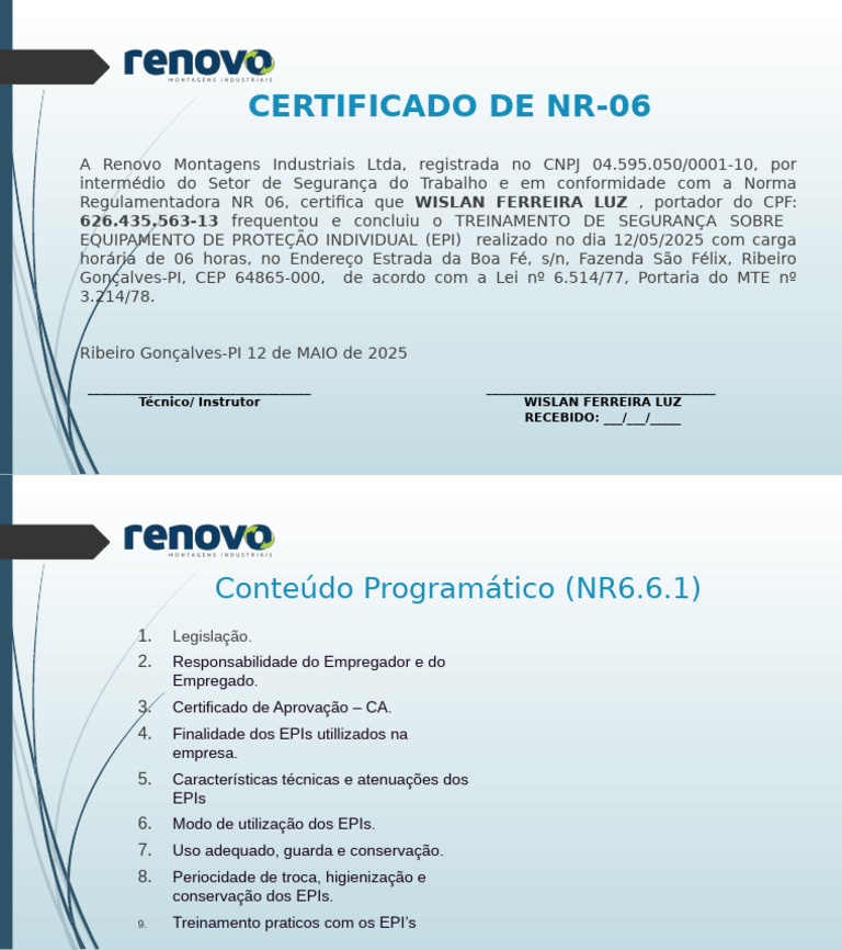 Certificado NR 06 - Wislan | PDF