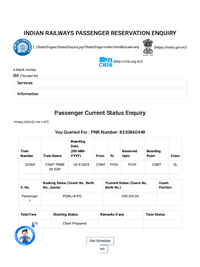 Indian Railways PNR Status Inquiry | PDF