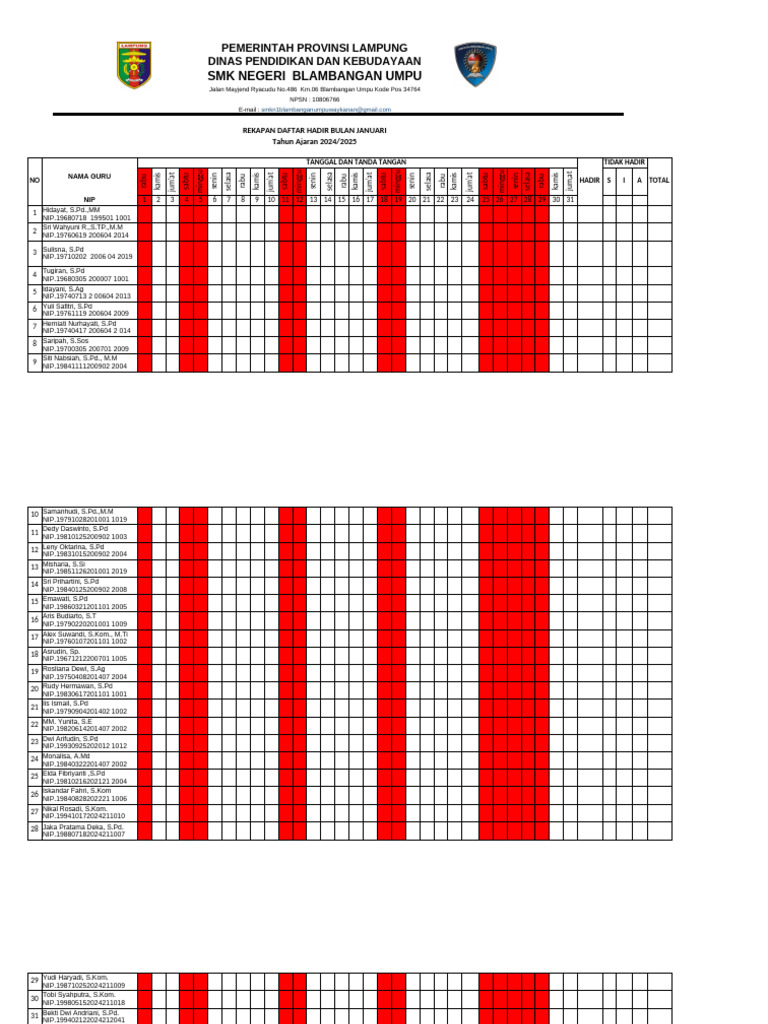 rekap absen PNS, GTT tanggal dan ttd | PDF