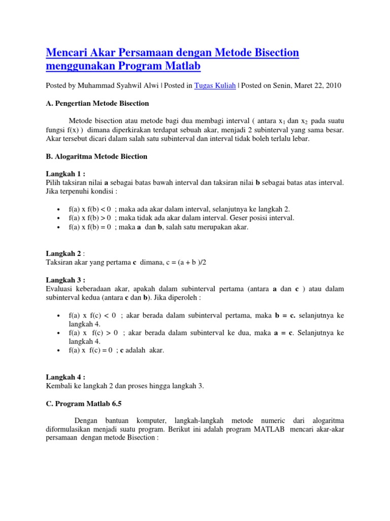 Mencari Akar Persamaan Dengan Metode Bisection Menggunakan Program Matlab | PDF