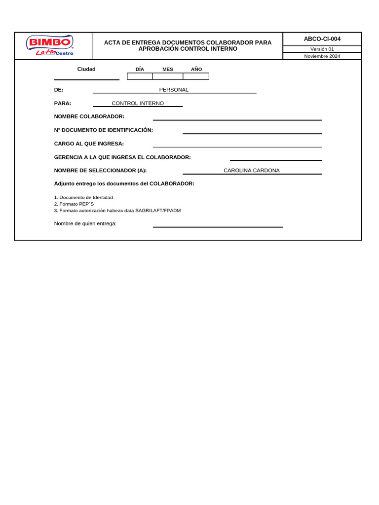 ABCO-CI-004 Acta Entrega Documentos Colaborador Aprobación CI | PDF