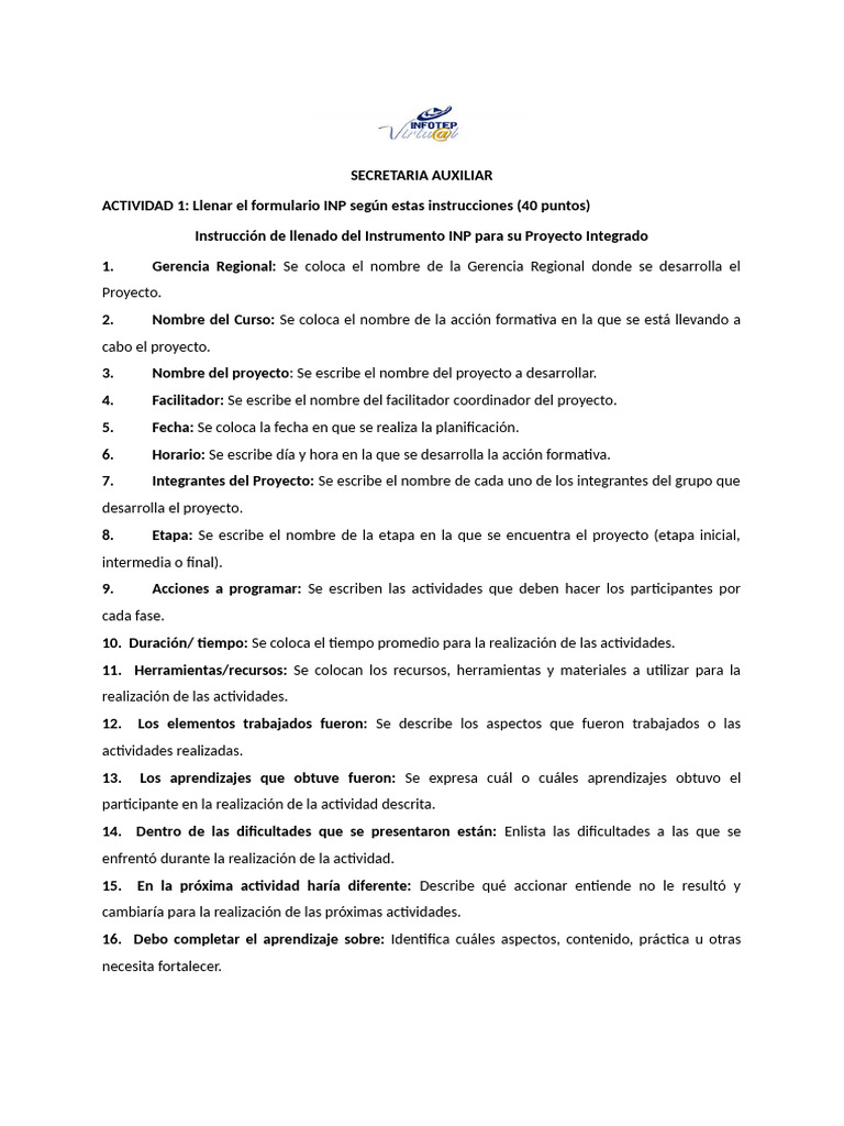 Actividad 1 Instruccion Llenado Del INP | PDF