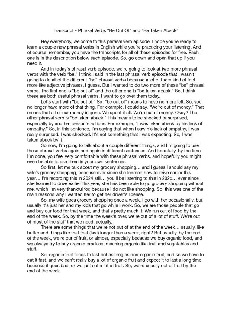 Phrasal Verb Transcript - Be Out Of, Be Taken Aback | PDF | Verb ...