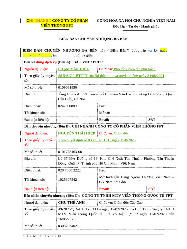 20250318.Ver1.Bien ban chuyen nhuong ba ben VNE-FTEL-FTI | PDF