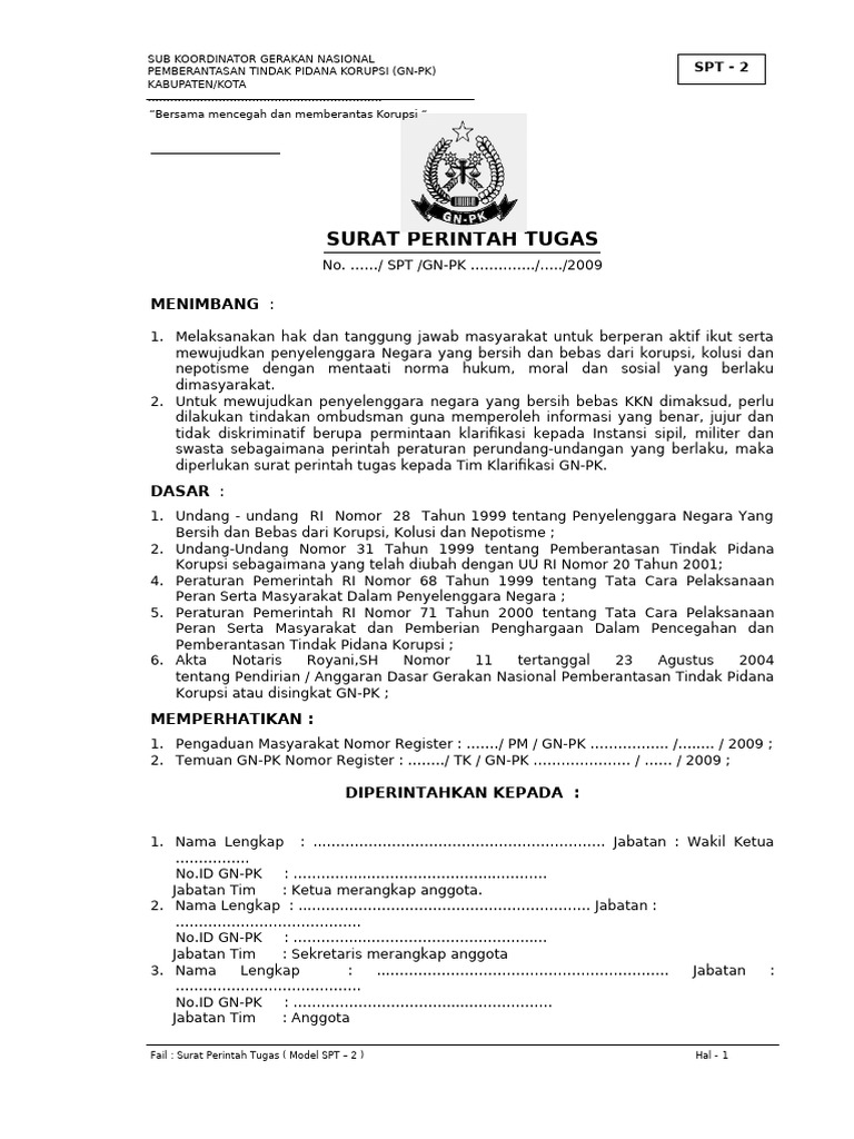 Surat Perintah Tugas (Model SPT-2) | PDF