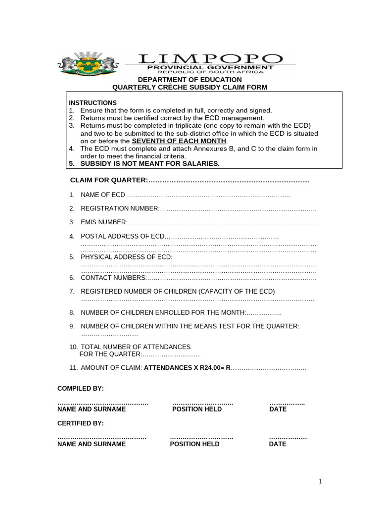 ECD Quarterly Subsidy Claim Form 2025 | PDF | Government | Government ...