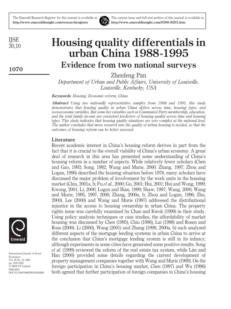 Housing Quality Differentials in Urban China 1988-1995 Evidence From ...