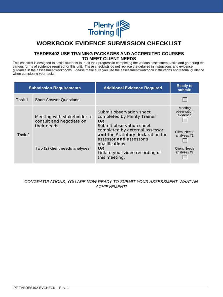 TAEDES402 - Submission Evidence Checklist.v1.0 | PDF