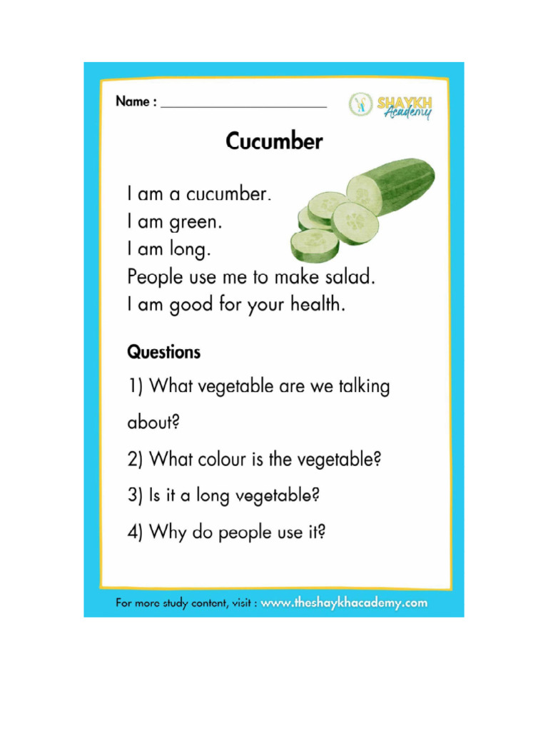 Beginner Reading Comprehension Cucumber | PDF