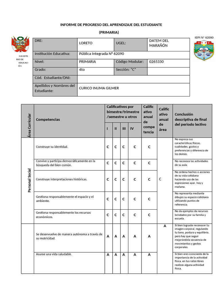 Informe de Progreso Del Aprendizaje Del Estudiante 4to Grado | PDF ...