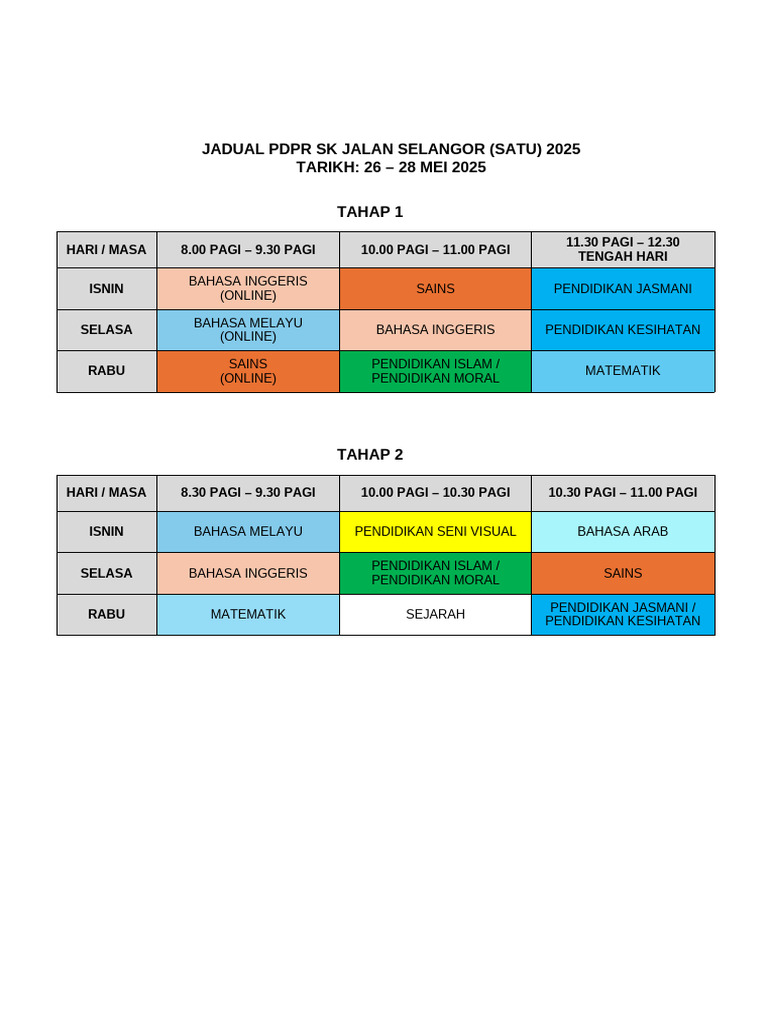 Jadual PDPR SK Jalan Selangor 26 - 28 Mei 2025 | PDF