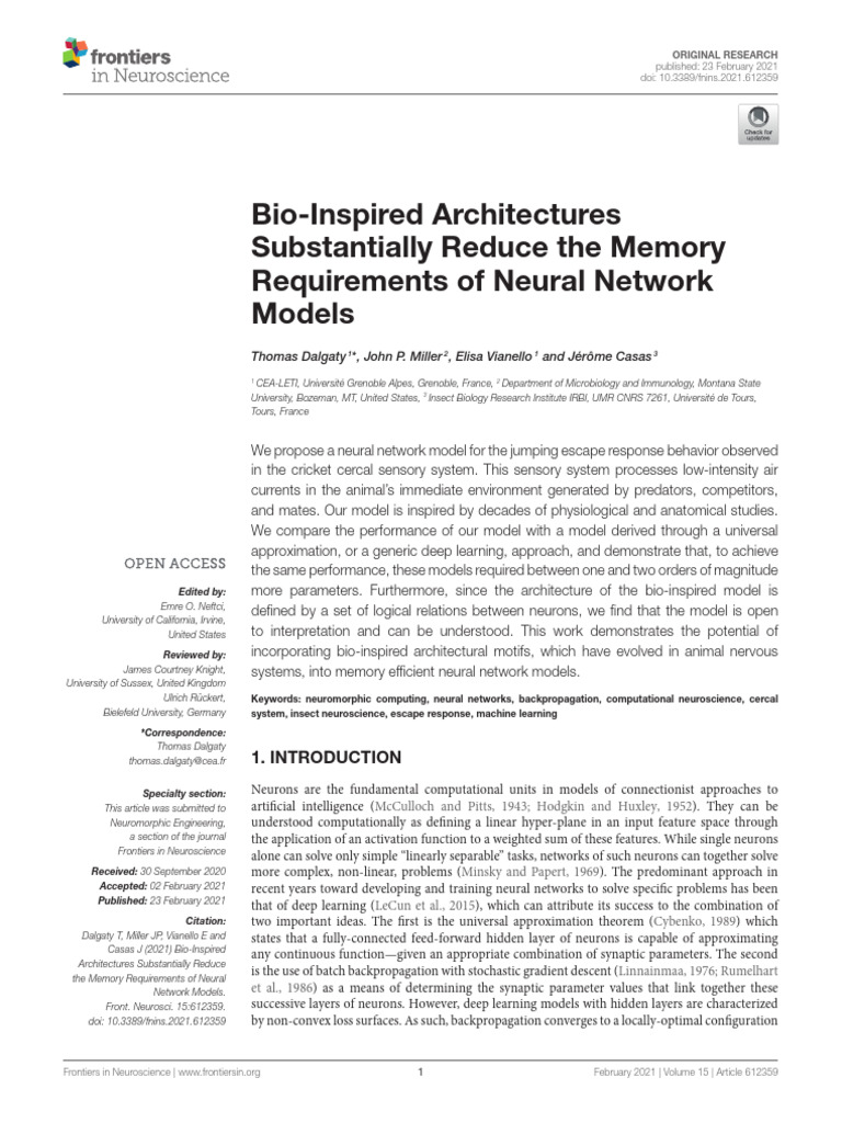 Bio-Inspired Architectures Substantially Reduce The Memory Requirements of Neural Network Models ...