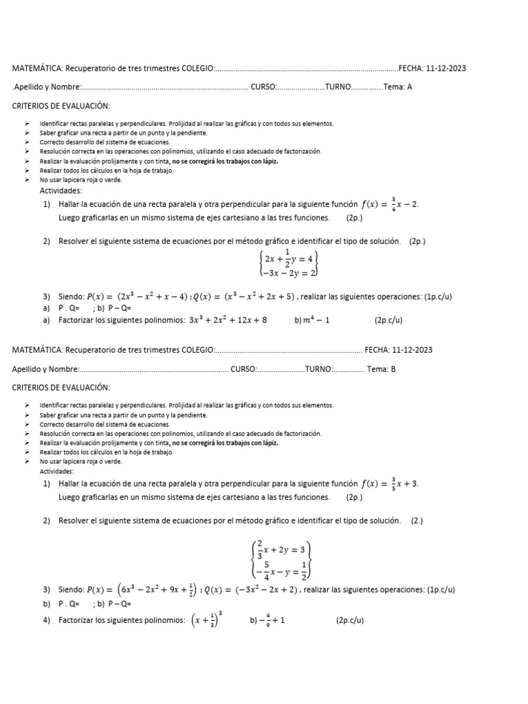 Recuperatorio 3°3°-Dos Trimestres-1°y2°-Diciembre 2023 | PDF | Ecuaciones | Pendiente