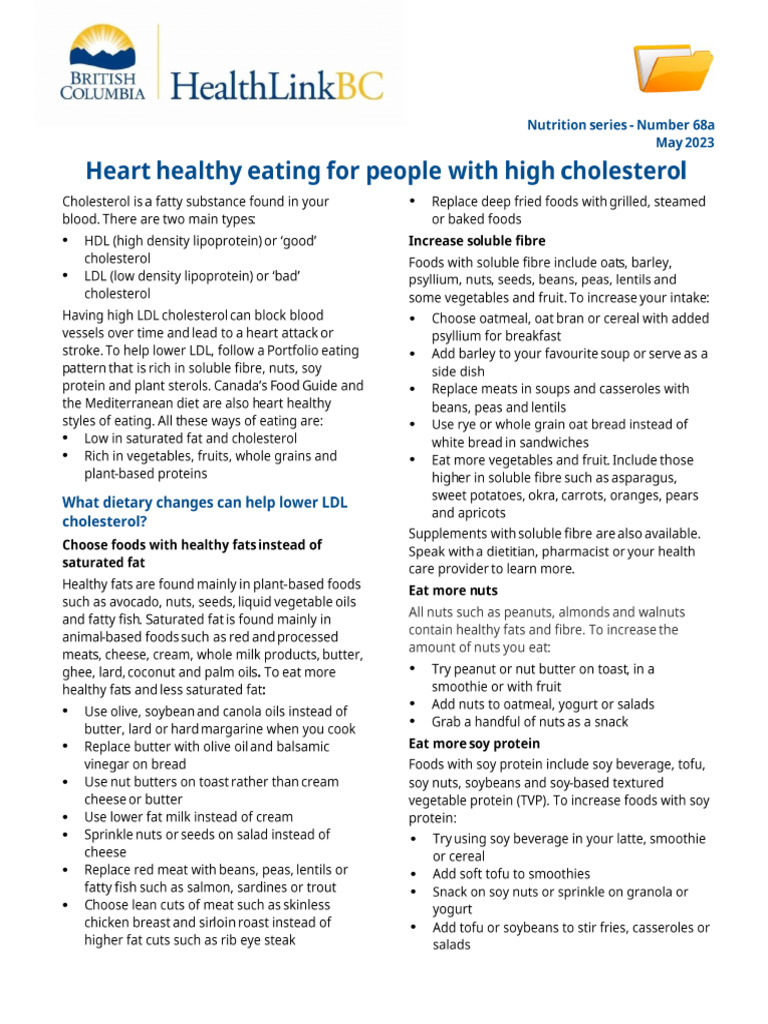 Heart Healthy Eating For People With High Cholesterol | PDF