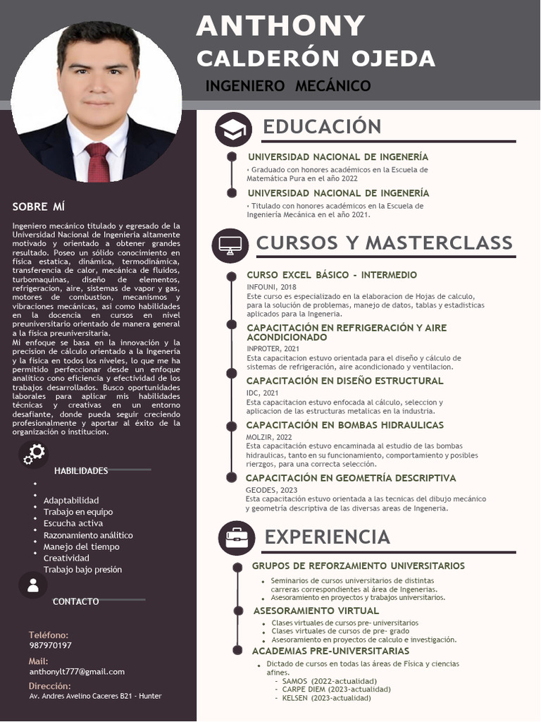 Curriculum CV ANTHONY CALDERON OJEDA | PDF | Ingeniería mecánica | Refrigeración