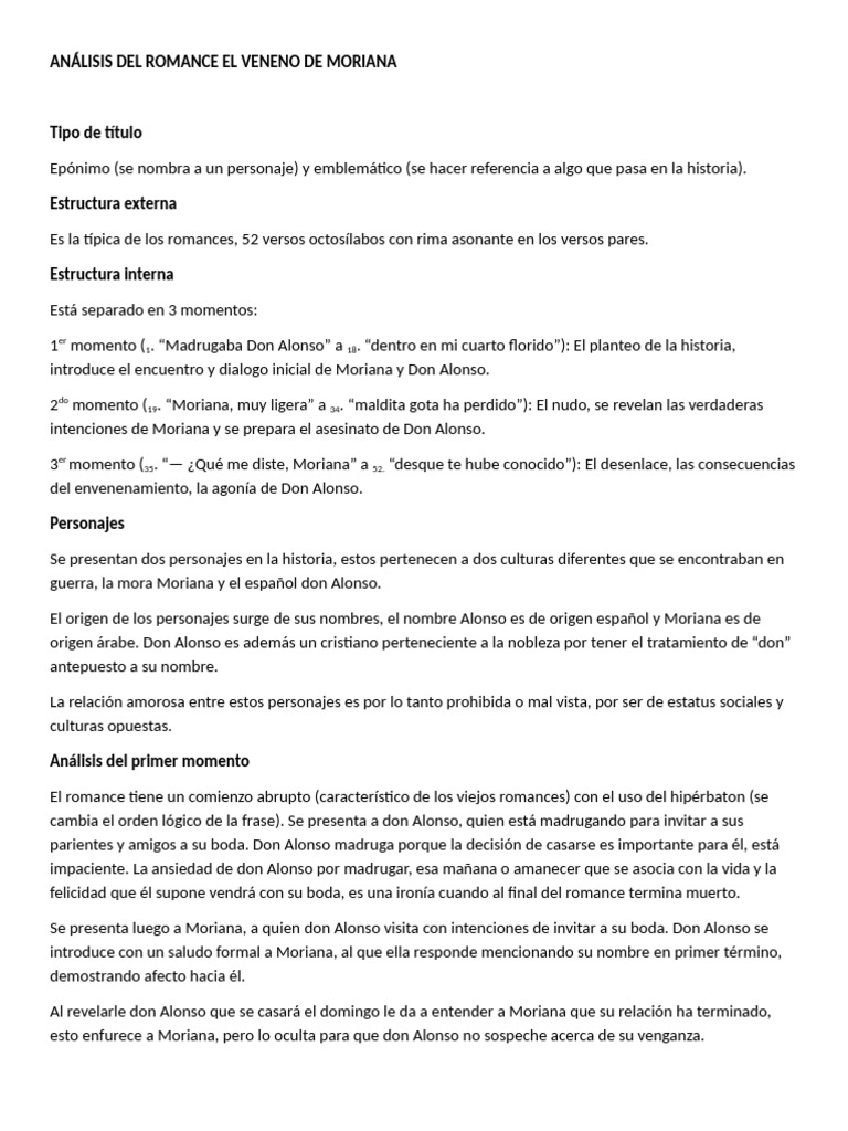 ANÁLISIS DEL ROMANCE EL VENENO DE MORIANA | PDF