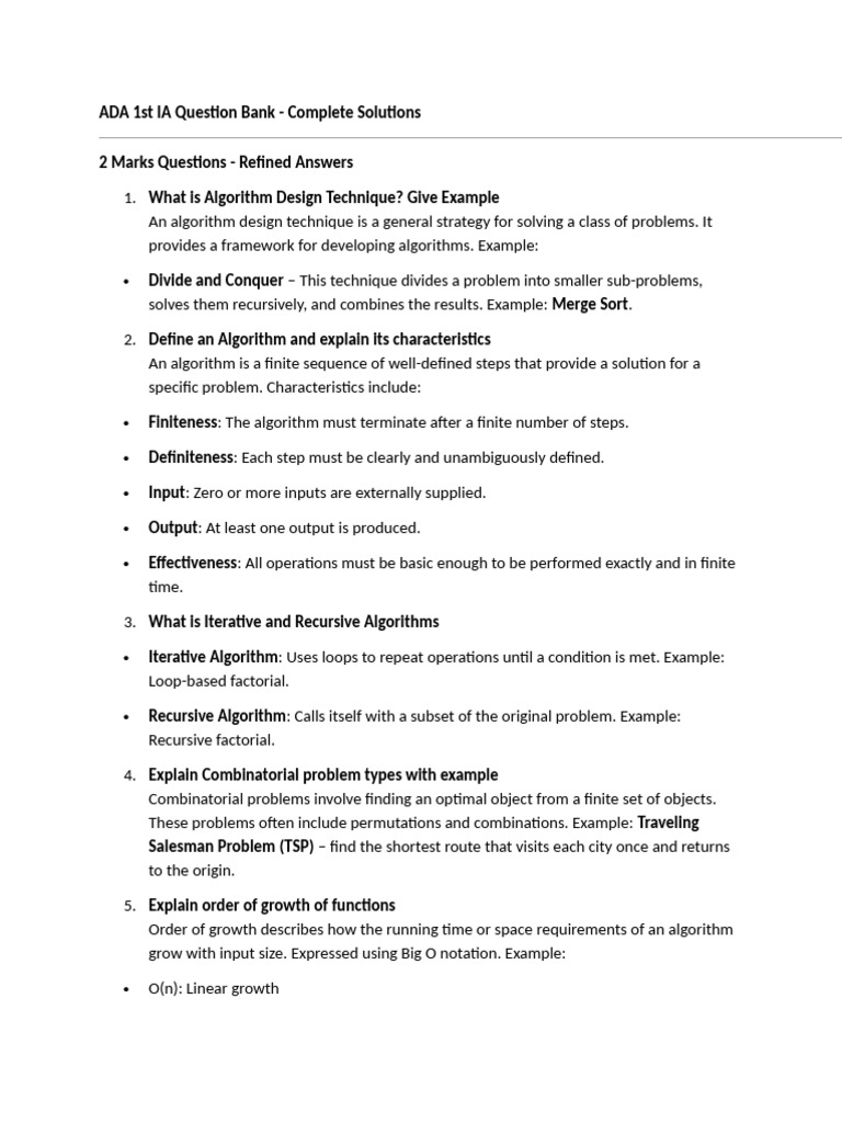 ADA 1st IA Question Bank | PDF | Time Complexity | Algorithms