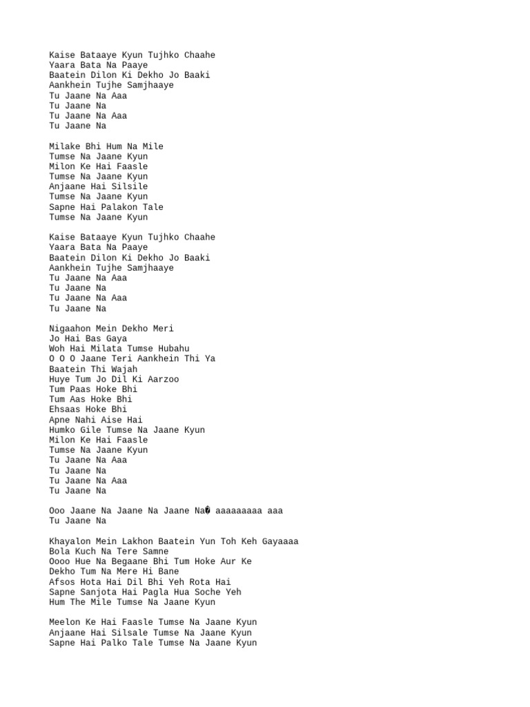 Tu Jaane Naa Lyrics | PDF