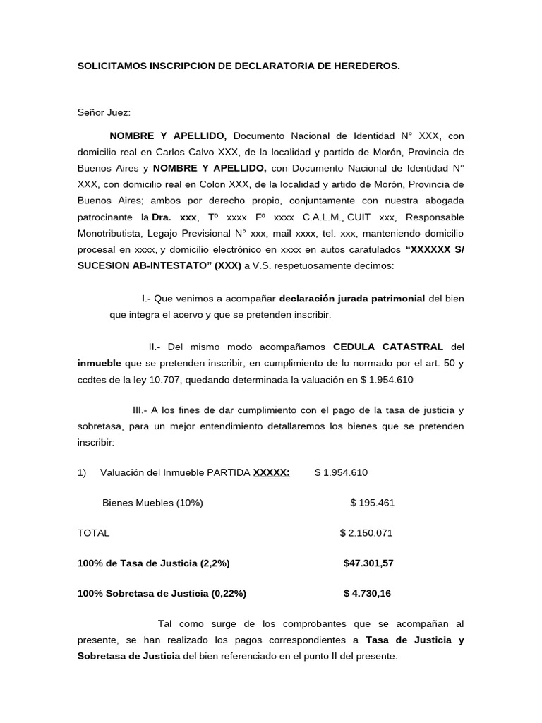 Modelo Solicitamos Inscripcion de Declaratoria de Herederos | PDF | Justicia | Crimen y violencia