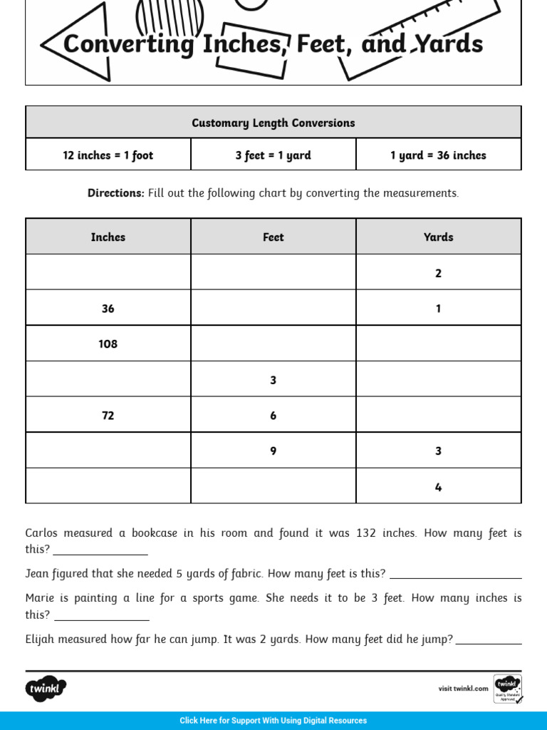 Digital Fourth Grade Inches Feet and Yards Conversion Activity and ...