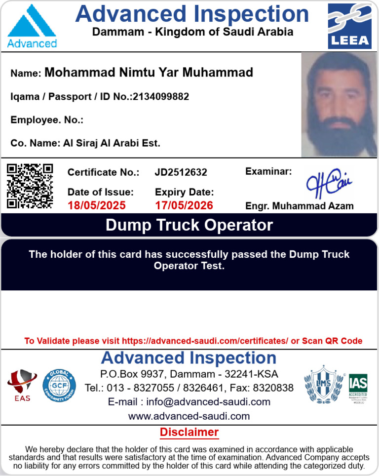 Mohammad Nimtu Yar Muhammad Dump Truck Operator | PDF