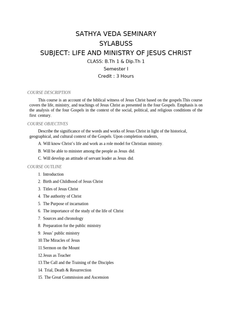 Life and Ministry of Jesus Syllabus | PDF | Jesus | Gospels