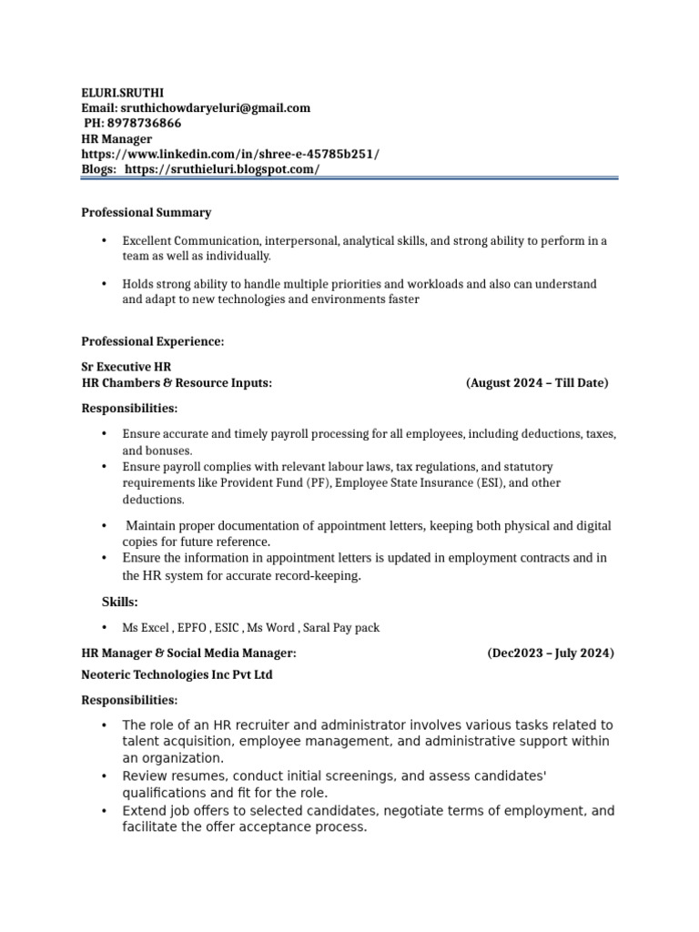 Eluri Sruthi Resume | PDF | Recruitment | Payroll