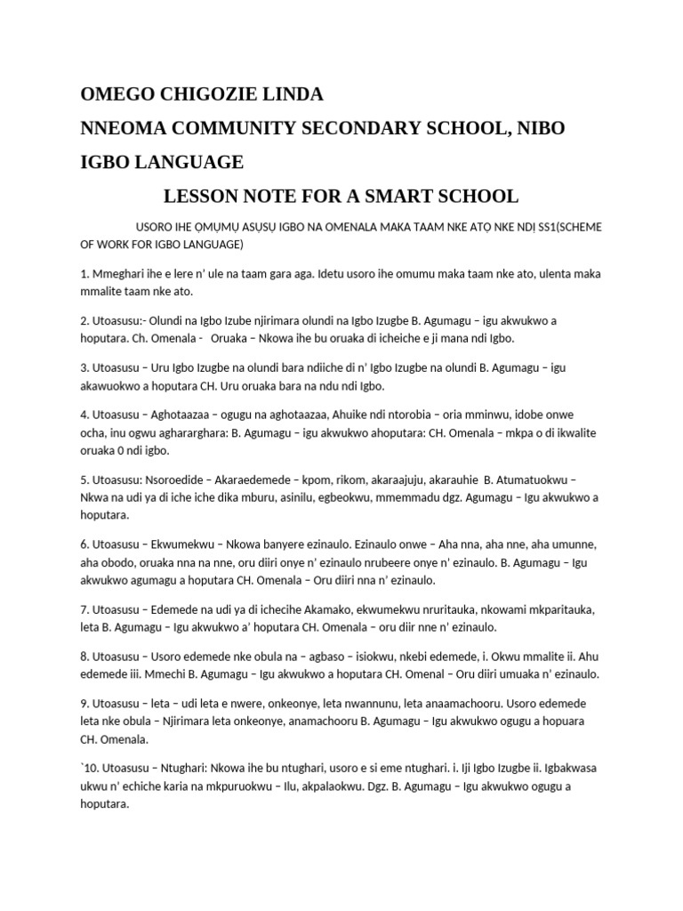 Igbo Language Lesson Plan for SS1 | PDF
