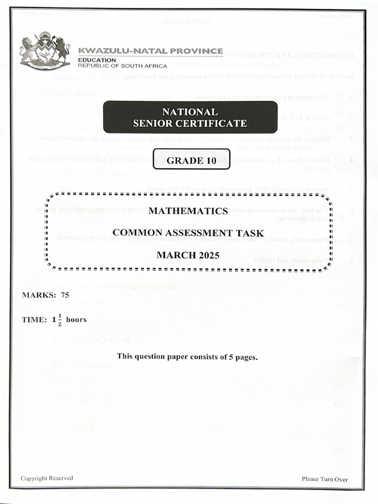 Grade 10 Maths March 2025 | PDF