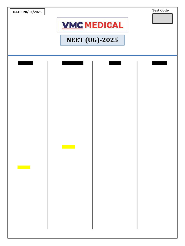 Medical Rank Booster Test Series Test-01 (28!03!2025) NEET-2025 Answer ...
