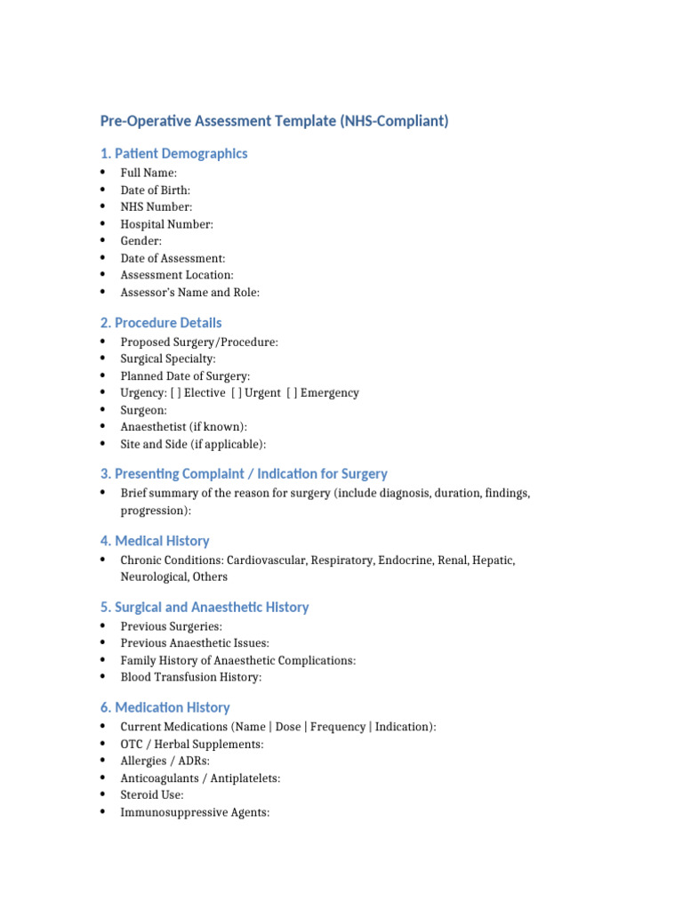 NHS Preoperative Assessment Template | PDF | Surgery | Anesthesia