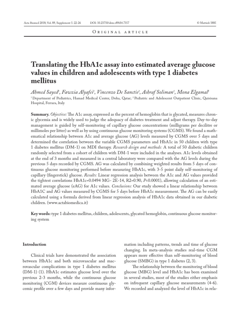 Translating The HbA1c Assay Into Estimated Average Glucose in Children ...