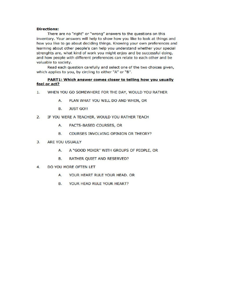 Personality Test Questions | PDF