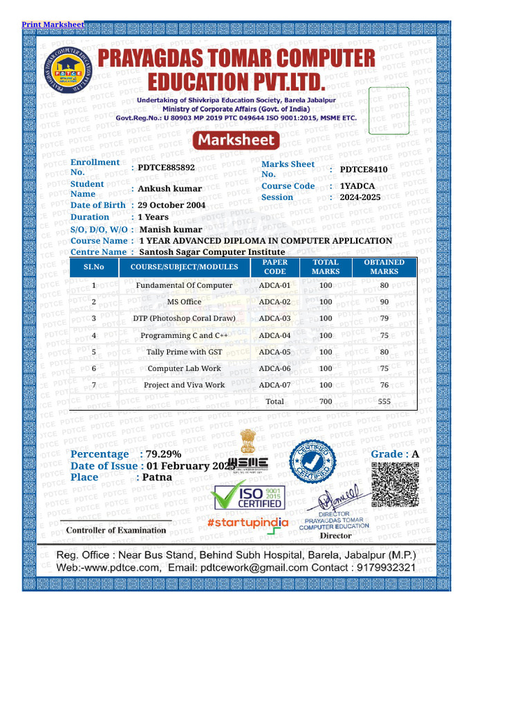 Ankush Kumar Marksheet | PDF