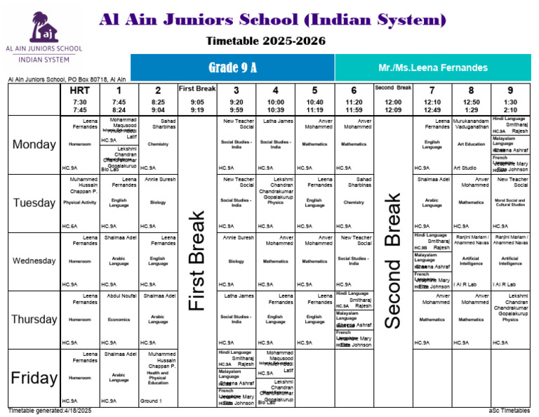 GRADE 9A Updated Timetable 2025-2026 | PDF