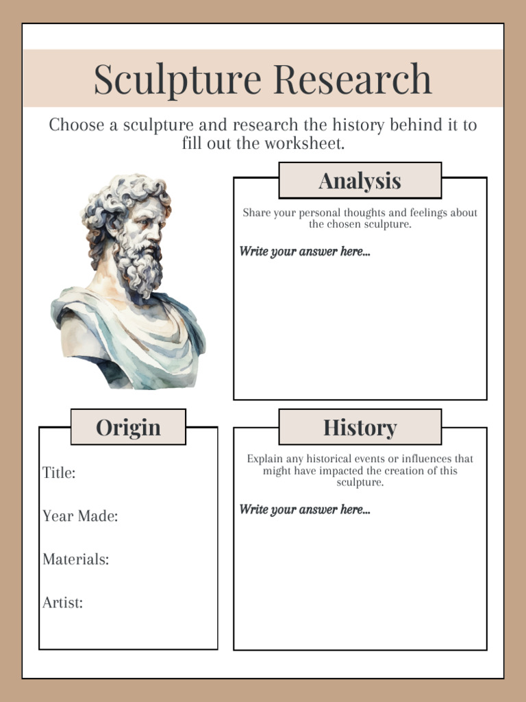 Sculpture Research Worksheet in Brown and White Watercolor Style | PDF