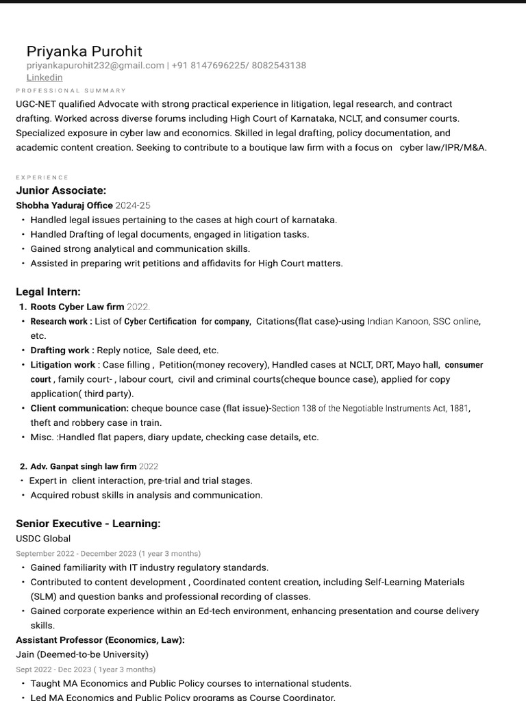 Priyanka Purohit Legal CV | PDF