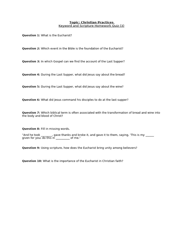 Year 10 - Eucharist Quiz | PDF